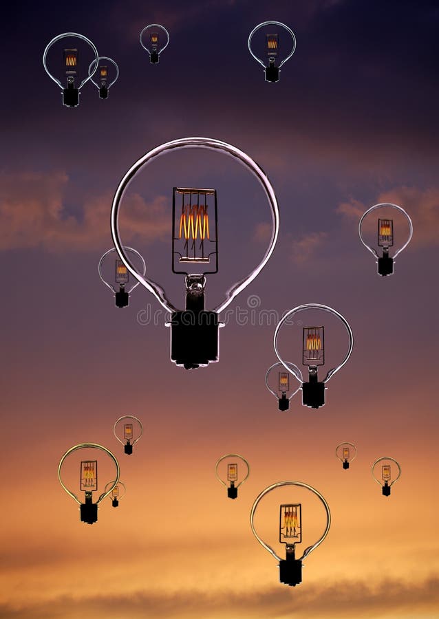 Electric Light Bulbs Floating in Twilight Sky Stock Image - Image of ...
