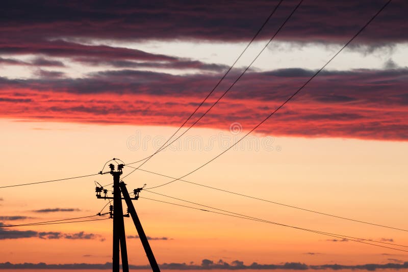 Electric Line Against Colorful Sky at Sunset Stock Photo - Image of ...