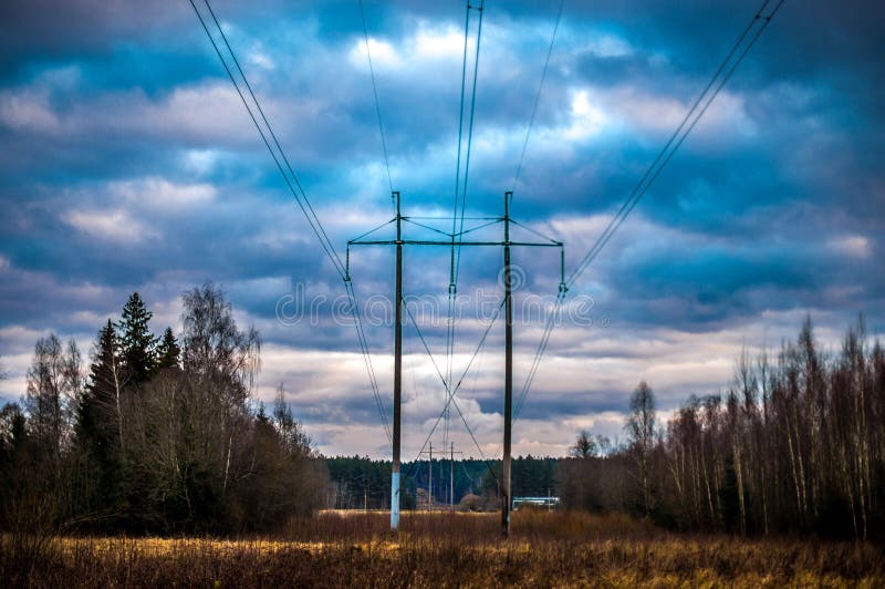 Electric Line in Late Autumn Forest Stock Photo - Image of fall ...