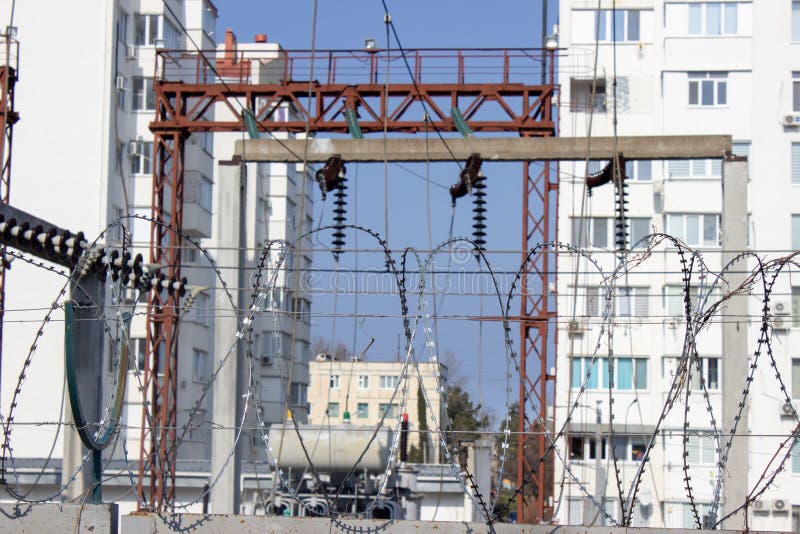 Electric Lines on Blue Sky Background. Electrical Industry.Electrical ...