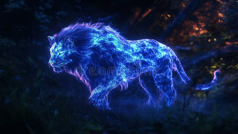 Electric Lion Roaming. Digital Art of a Neon Blue Lion in a Forest ...