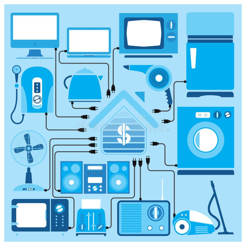 Electric Machine and House Icon Set Stock Vector - Illustration of ...