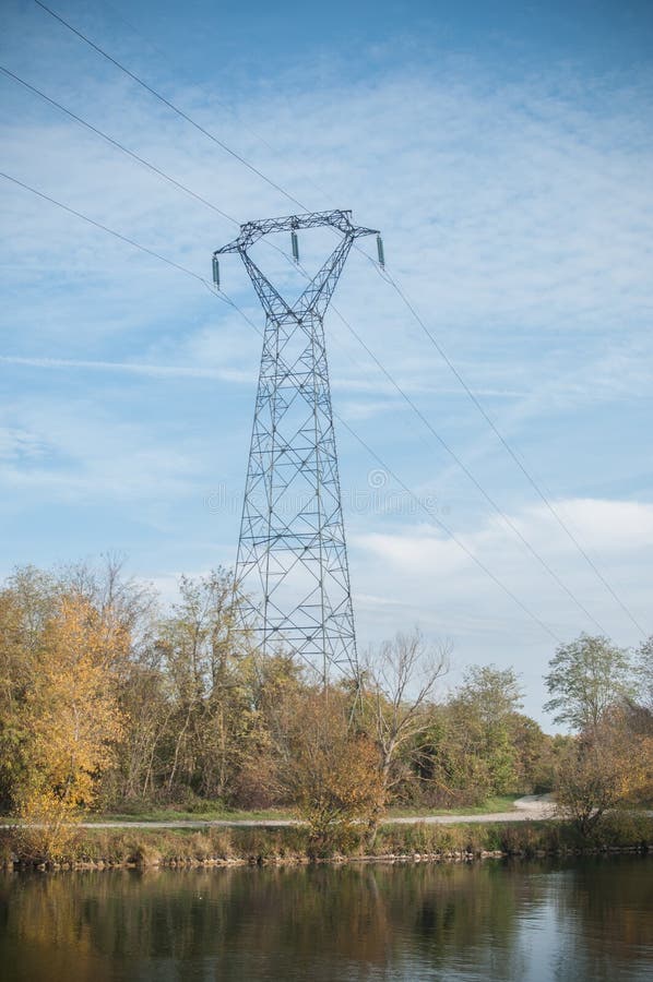 Electric Metallic Pylon in Border River Stock Image - Image of grid ...