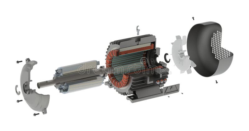 Electric Motor, Exploded Sectioned View 3D Rendering Isolated on White ...