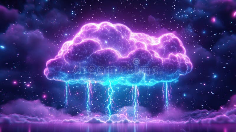 Electric Neon Cloud with Lightning in a Starry Night Sky Stock Photo ...