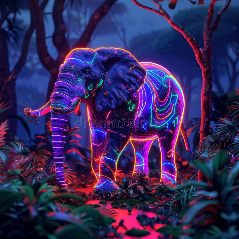 Electric Neon Elephant Roaming through a Neon Painted Forest Stock ...