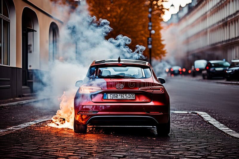 Red Electric Car Burning with Flames after Traffic Accident Stock Photo ...
