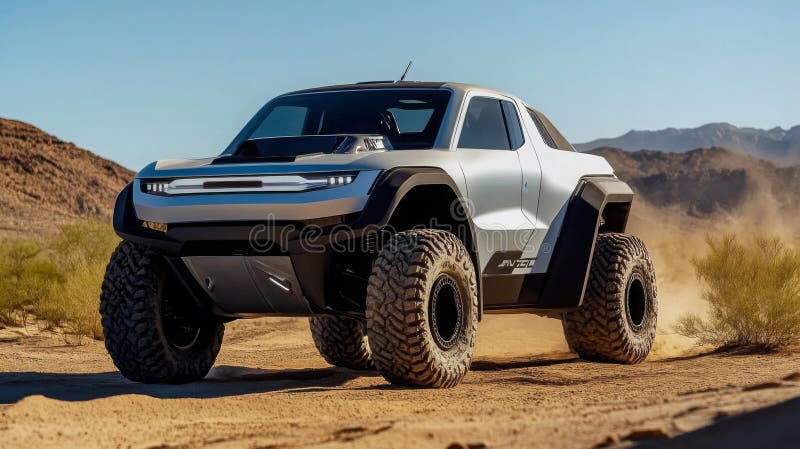 Electric Off-road Vehicle Navigating Rugged Desert Terrain in Bright ...