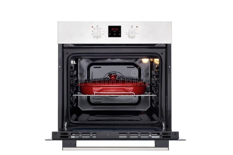 Electric Oven with Open Door, Illuminated and Red Baking Dish. Front ...