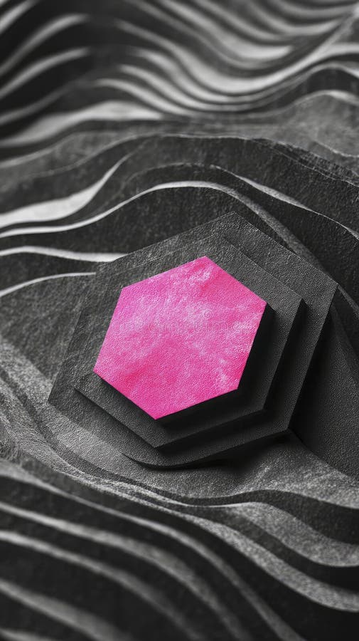 Electric Pink Hexagon Embedded in Layered Grayscale Waves, Surreal ...