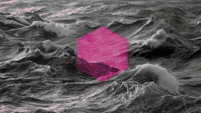 Electric Pink Hexagon Embedded in Layered Grayscale Waves, Surreal ...