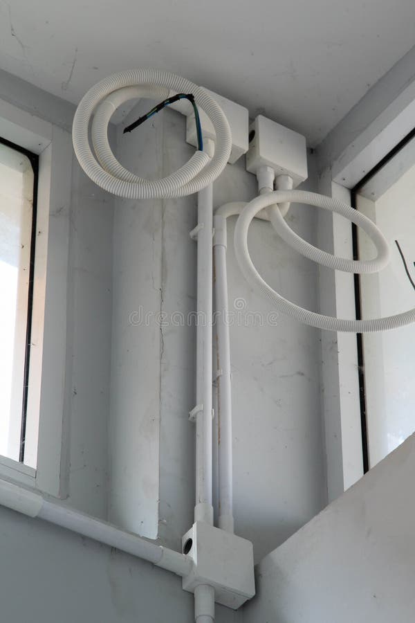 Electric Pipe PVC and Box on Concrete Wall in the Home Building Stock ...