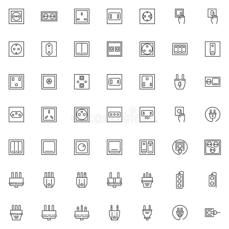 Electric Plug and Socket Line Icons Set Stock Vector - Illustration of ...