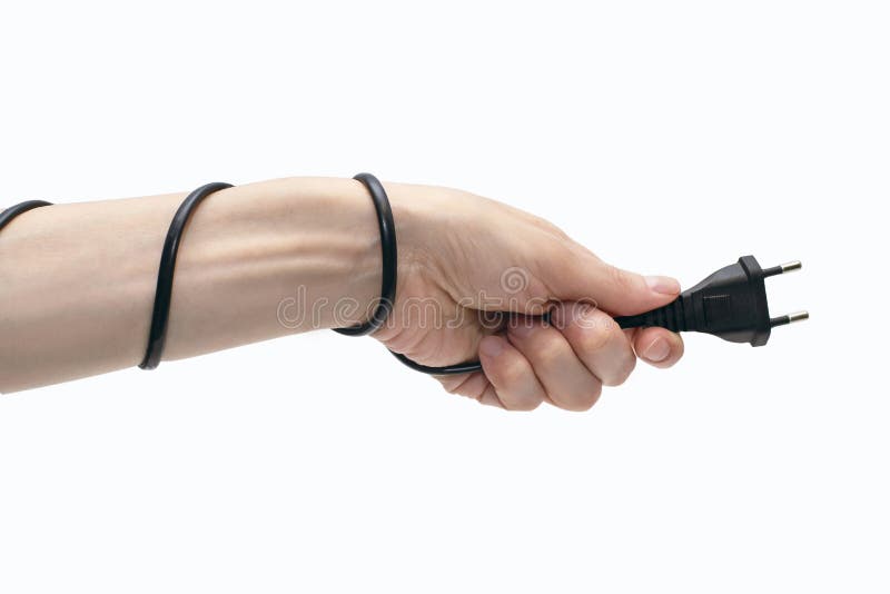 Electric Plug for a Socket Wrapped Around a Human Hand on a White ...