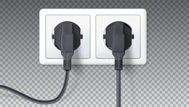 Electric Plugs and Socket. Realistic Black Plugs Inserted in White ...