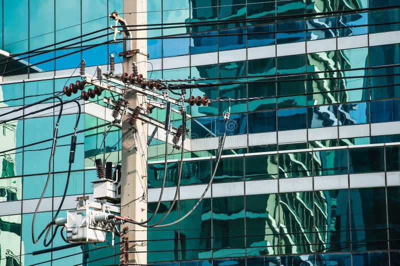 Electric Pole,electric Cable with Building Stock Photo - Image of power ...