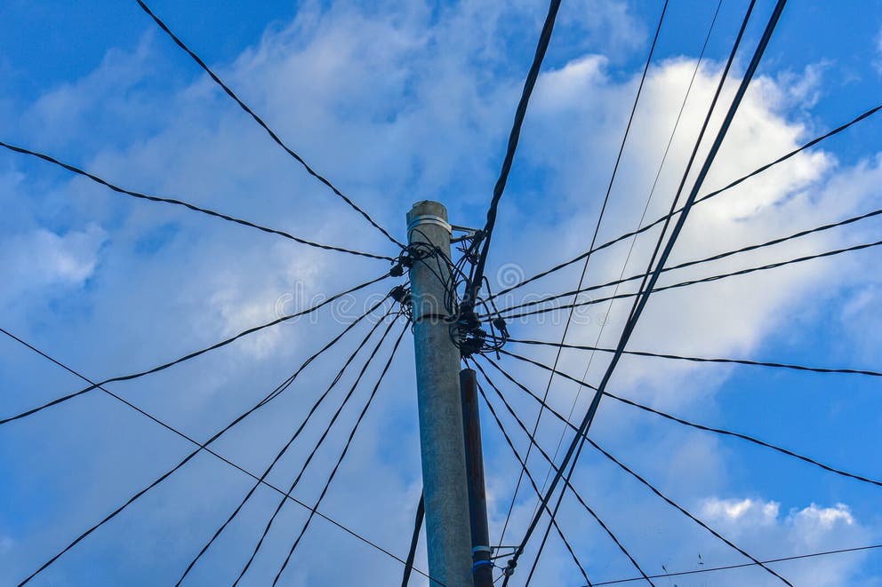 Electric Pole with Cable Distribution on Blue Sky. Cloudy Blue Stock ...