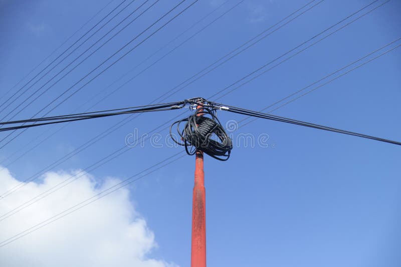 Electric Pole Cable in Summer when the Sky is Blue and Clear Stock ...