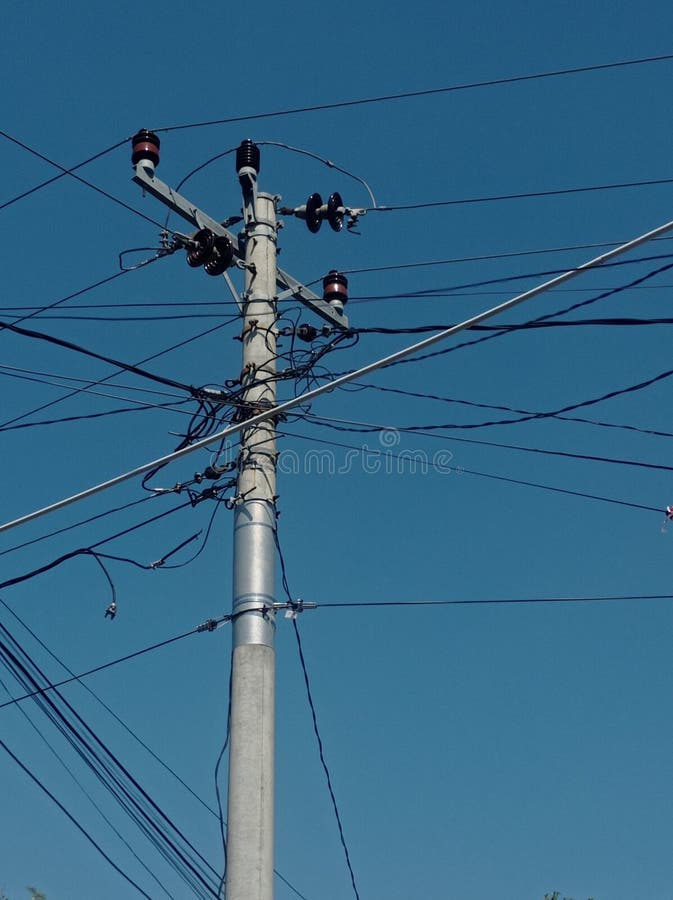 Electric Pole Full of Wires Stock Photo - Image of pole, blue: 286421576
