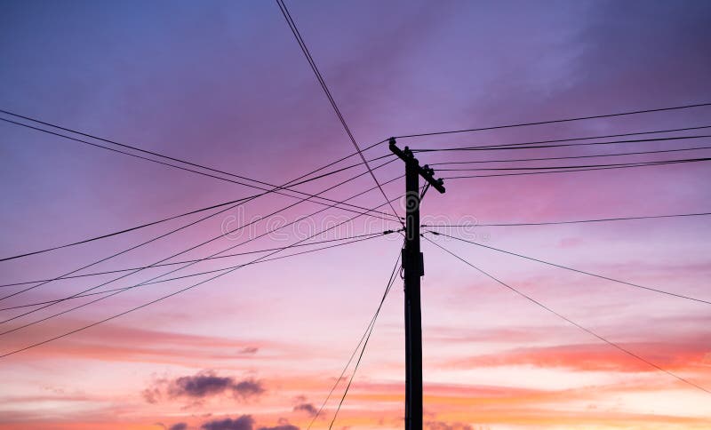Electric Pole and Lines during Sunset in Rural Stock Photo - Image of ...