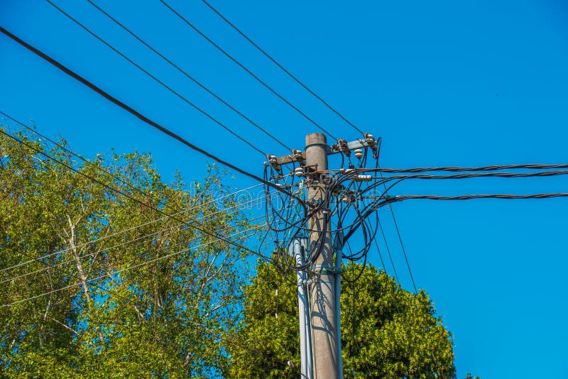 Electric Pole Power Lines Outgoing Electric Wires Againts on Cloud Blue ...