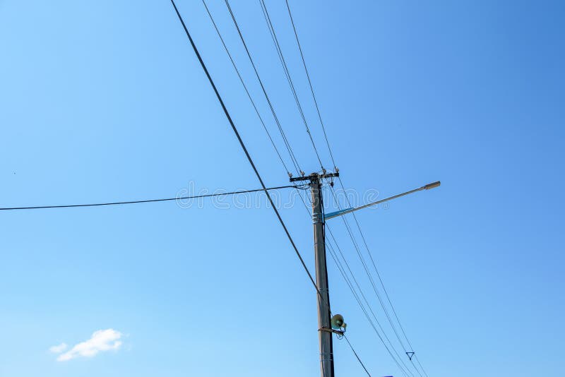Electric Pole Power Lines Outgoing Electric Wires Againts on Cloud Blue ...