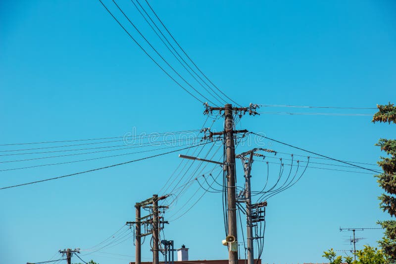 Electric Pole Power Lines Outgoing Electric Wires Againts on Cloud Blue ...