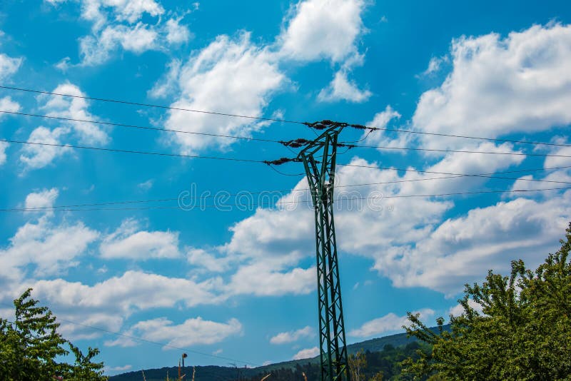 Electric Pole Power Lines Outgoing Electric Wires Againts on Cloud Blue ...