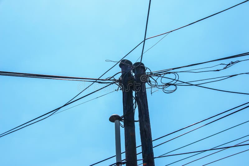 Electric Pole Power Lines Outgoing Electric Wires Againts on Cloud Blue ...
