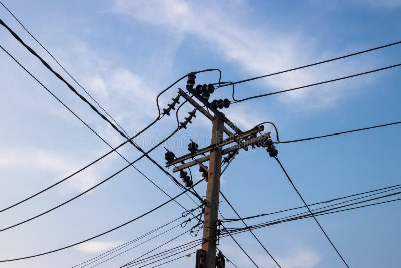 Electric Pole Power Lines and Wires with Blue Sky Stock Photo - Image ...