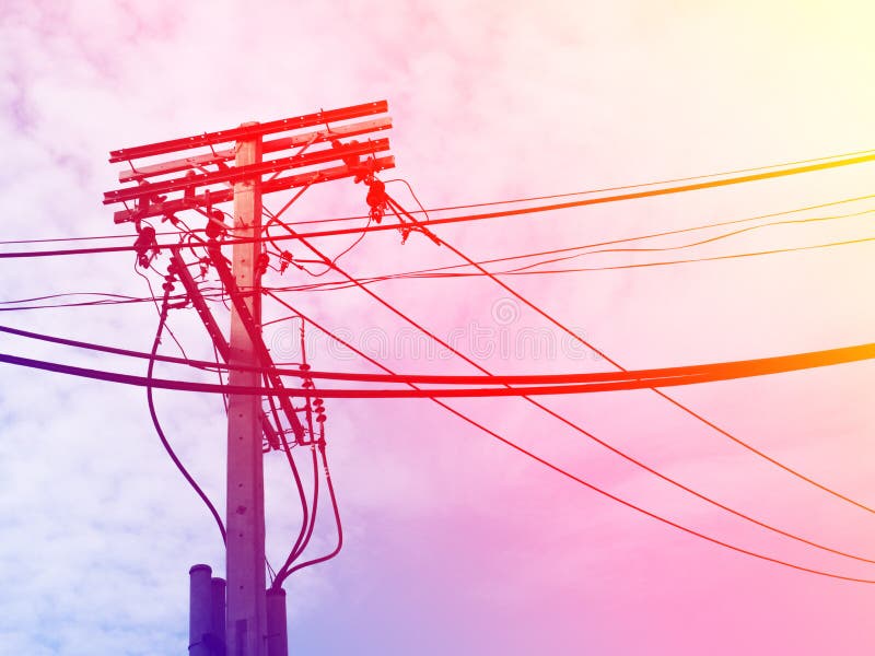Electric Pole Power Lines and Wires with Blue Sky with Lamp. Stock ...