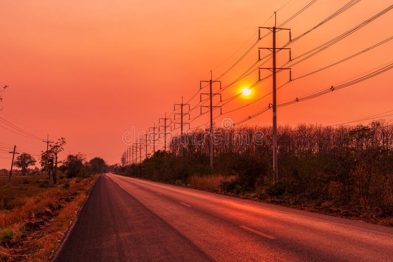 Electric Pole on Sunset Along the Road Stock Image - Image of high ...