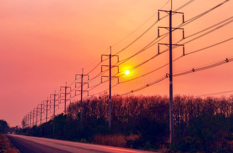 Electric Pole on Sunset Along the Road Stock Image - Image of sign ...