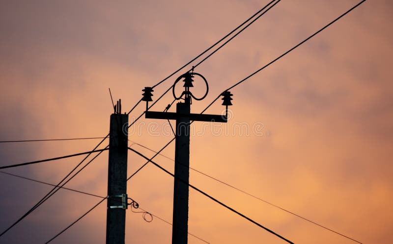 Electric Pole with Wires on the Background of the Sunset Stock Image ...