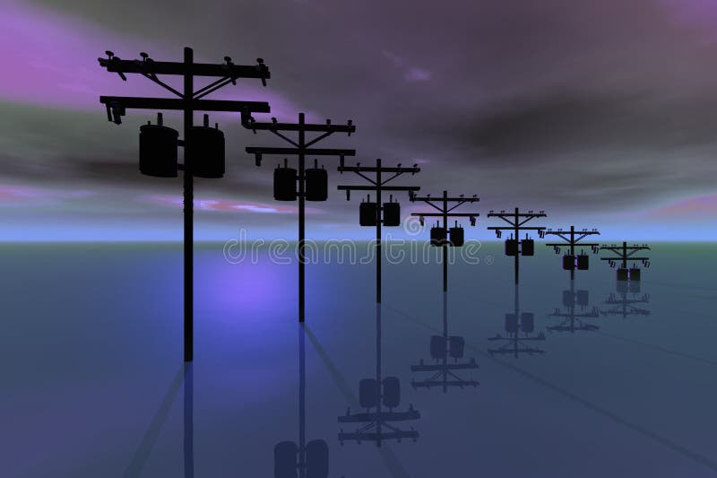 Electric Poles in Abstract Landscape Mirror Ground 3d Rendering Stock ...