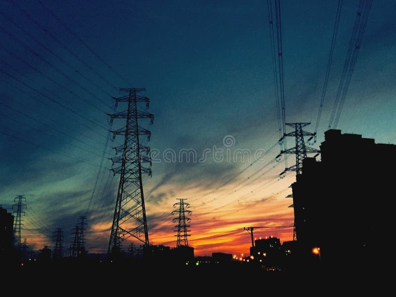 Electric Poles at the Sunset with Colorful Sky Stock Image - Image of ...