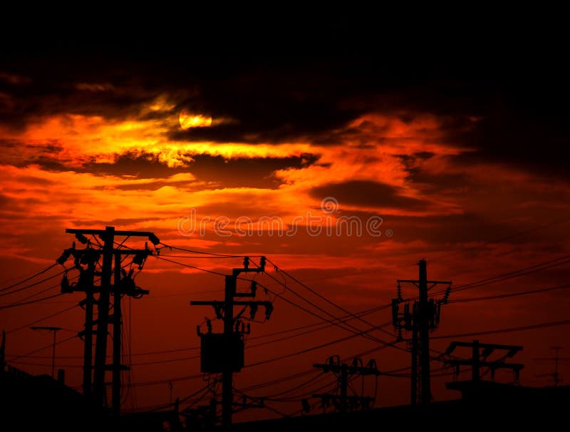 Electric poles on sunset stock photo. Image of electric - 48880574