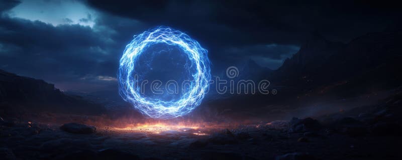 Electric Portal in a Dark, Volcanic Landscape with Dramatic Clouds and ...