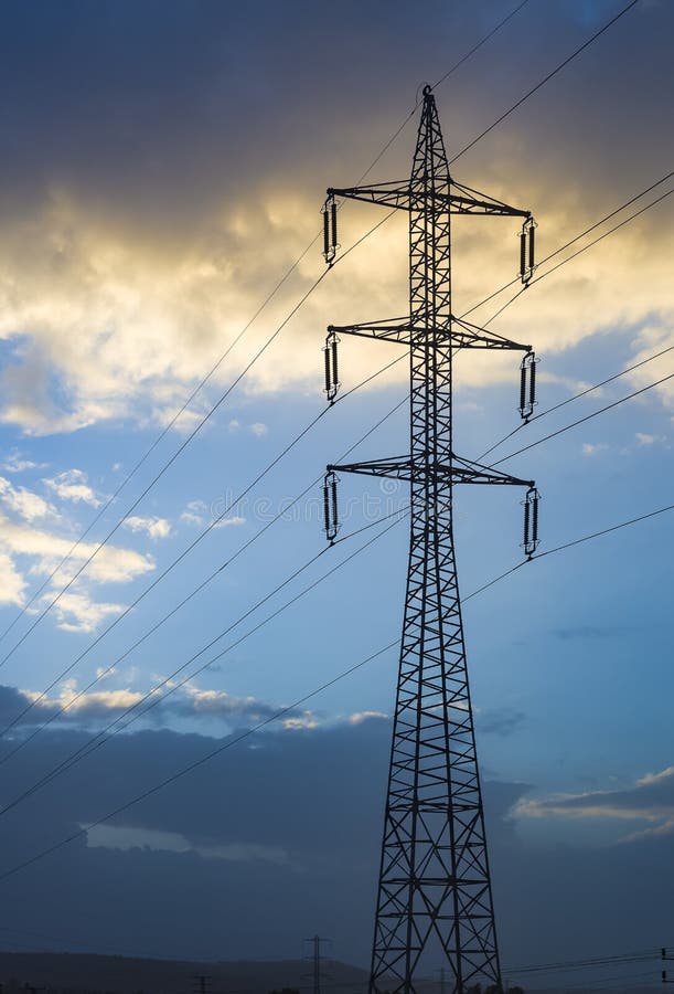 Electric Post and Wires in the Background of Blue Sky Stock Image ...