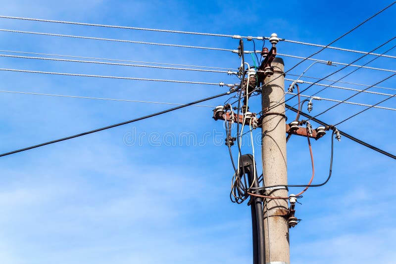 Electric Power Distribution Column. Pole With Electric Wires. Energy ...