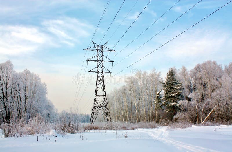 Broken Phase Electrical Power Lines with Hoarfrost on the Wooden ...