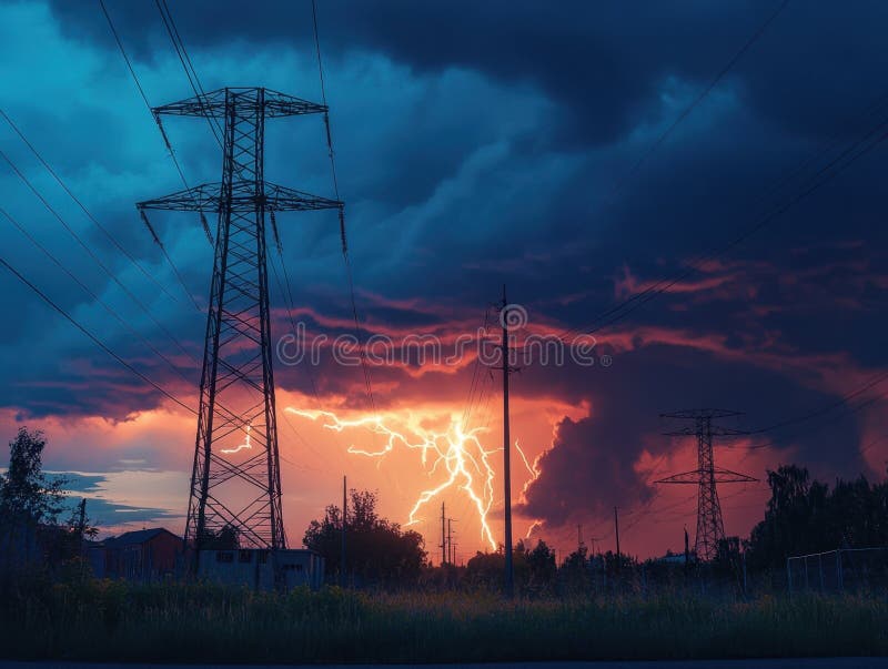 Electric Power Lines Silhouetted Against Dramatic Sunset Sky with ...