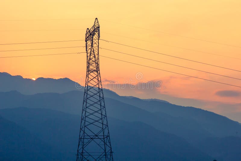 Electric Power Lines at Sunset Stock Image - Image of charge, high ...