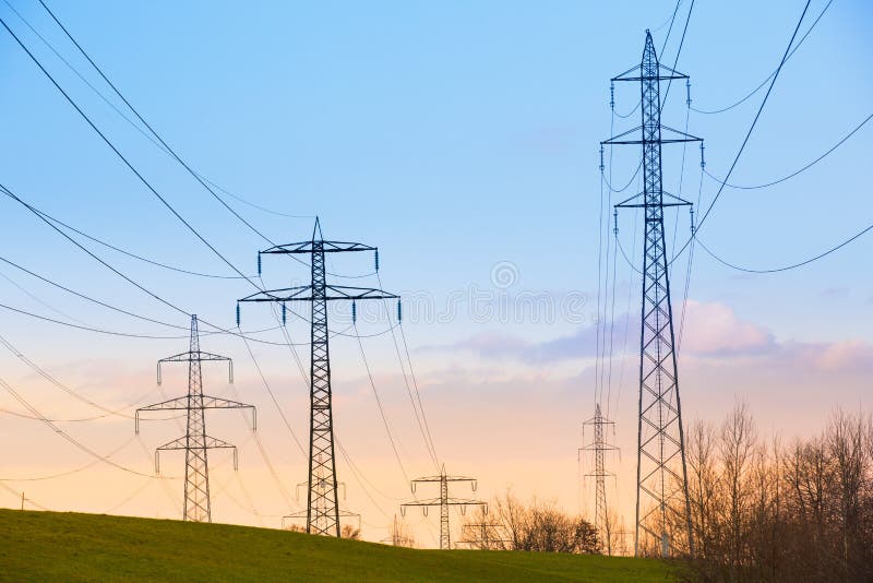 Electric Power Lines at Sunset Stock Image - Image of pole, network ...