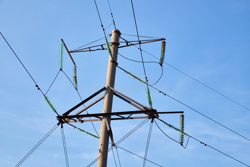 Electric Power Lines and Wires with Blue Sky. Support of Power Lines in ...