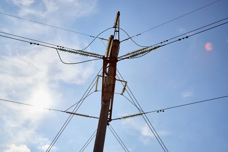 Electric Power Lines and Wires with Blue Sky. Support of Power Lines in ...