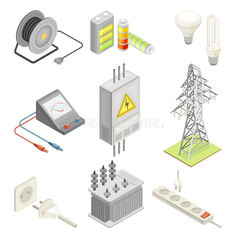 Electric Power Objects with Breaker Box, Socket and Lightbulb Isometric ...