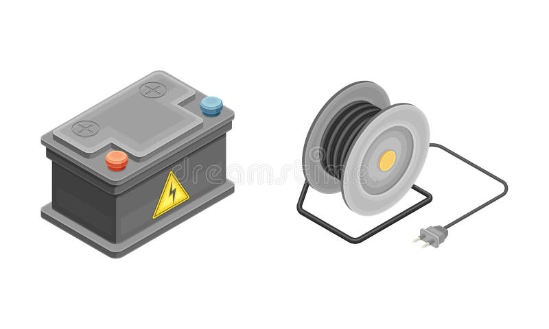 Electric Power Objects Set. Battery and Cable Isometric Vector ...