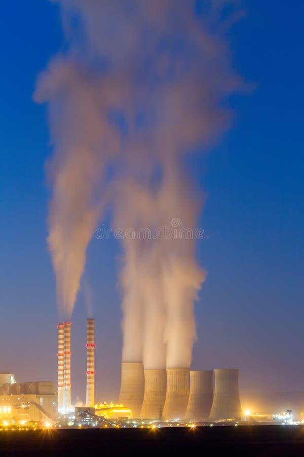 Electric Power Plant at Dusk with Orange Sky in Kozani Greece Stock ...