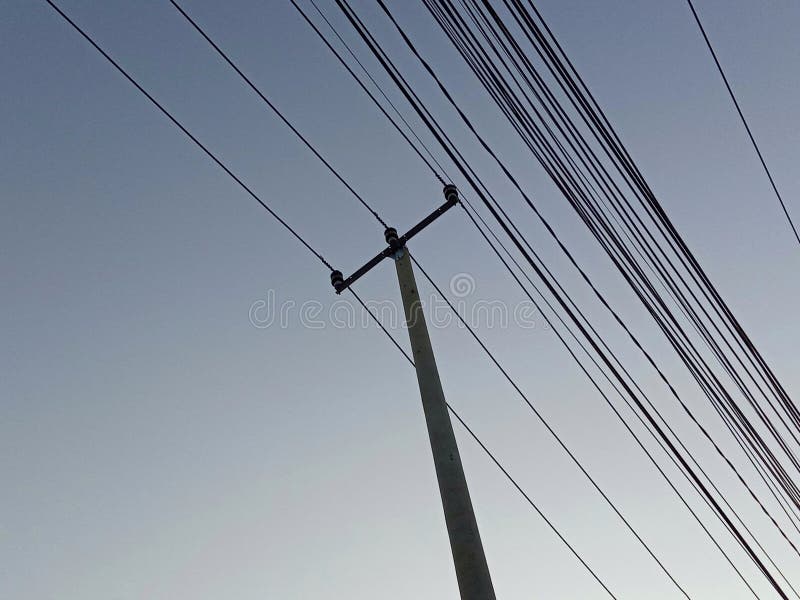 Electric Power Pole with Overhead Cables and Sky Stock Photo - Image of ...